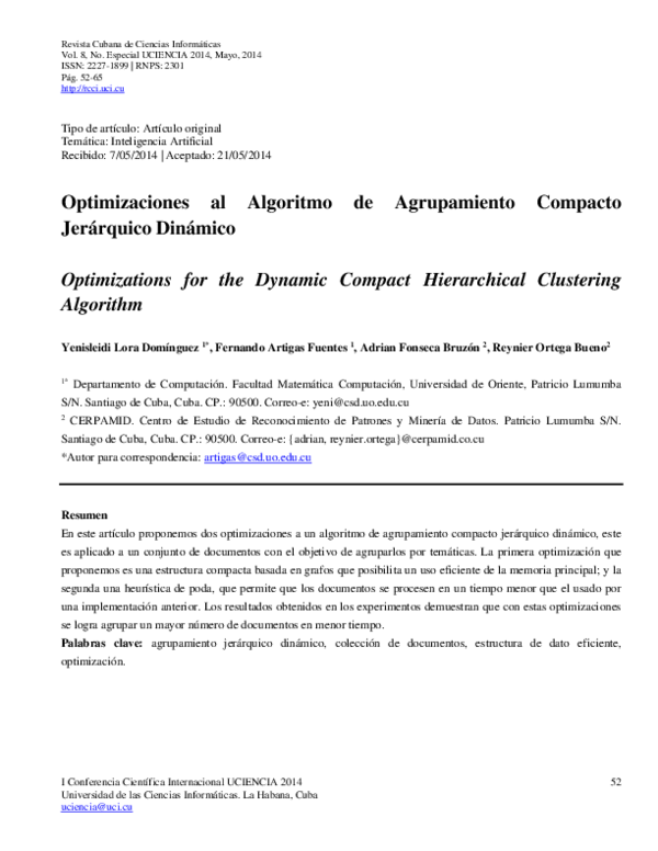 (PDF) Optimizaciones al Algoritmo de Agrupamiento Compacto Jerárquico Dinámico Optimizations for ...