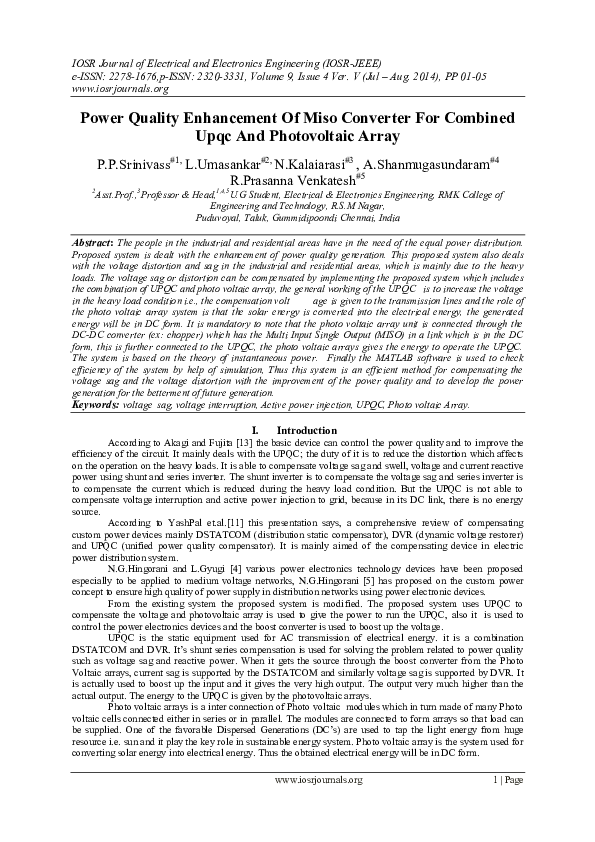 (PDF) Power Quality Enhancement Of Miso Converter For Combined Upqc And Photovoltaic Array