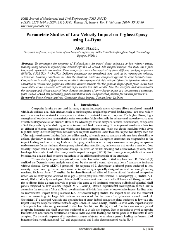 (PDF) Parametric Studies of Low Velocity Impact on E-glass/Epoxy using Ls-Dyna