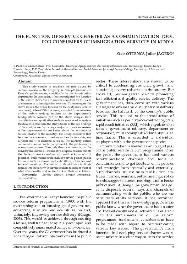 (PDF) THE FUNCTION OF SERVICE CHARTER AS A COMMUNICATION TOOL FOR ...