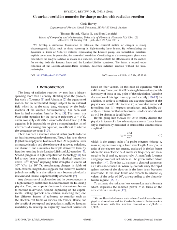 (PDF) Covariant worldline numerics for charge motion with radiation reaction