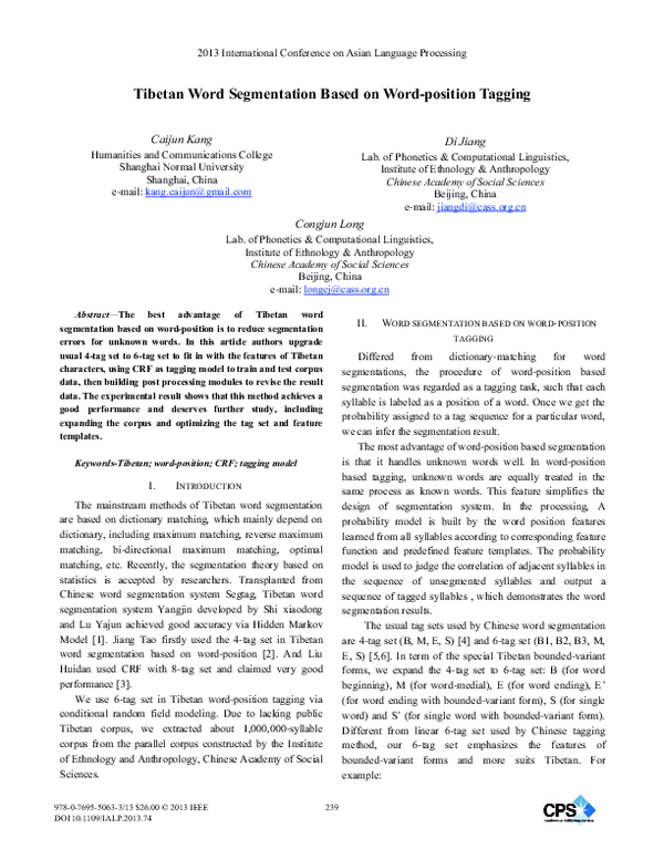 (PDF) Tibetan Word Segmentation Based on Word-position Tagging