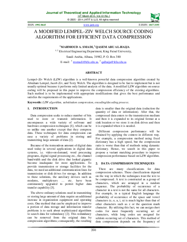 (PDF) A Modified Lempel–Ziv Welch Source Coding Algorithm for Efficient Data Compression | Qasem ...