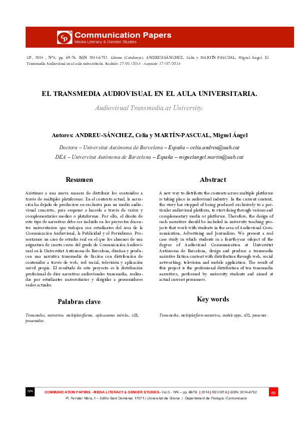 (PDF) El transmedia audiovisual en el aula universitaria // Audiovisual ...
