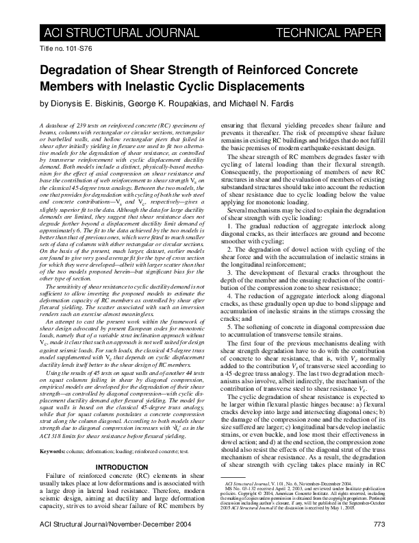 (PDF) Seismic Shear Strength of Circular Reinforced Concrete Columns | Giuseppe Tizzani ...