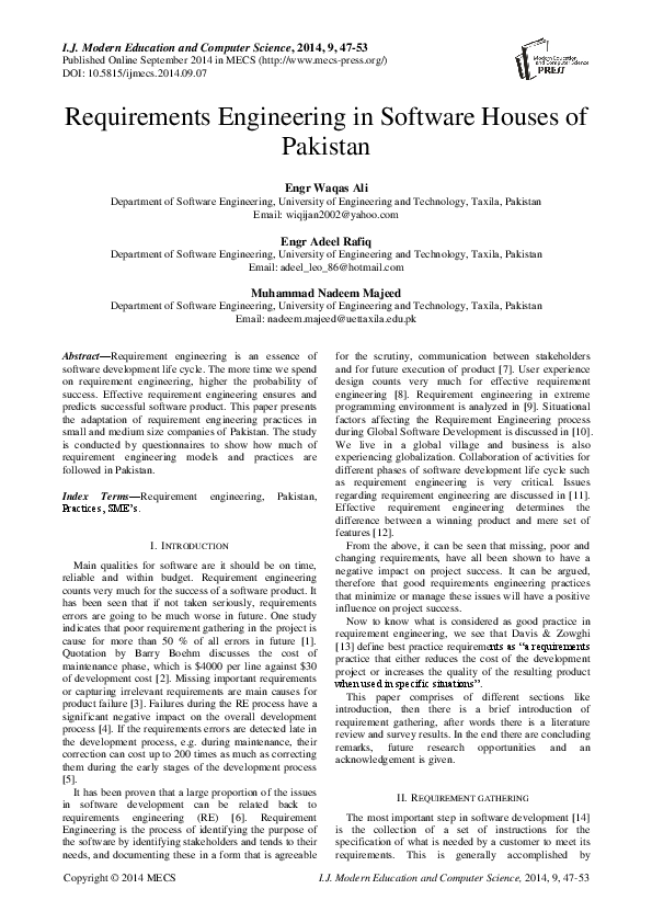 (PDF) Requirements Engineering in Software Houses of Pakistan | Engr ...