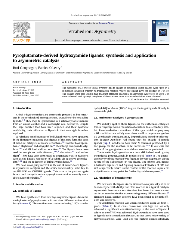 (PDF) Pyroglutamate-derived hydroxyamide ligands: synthesis and ...