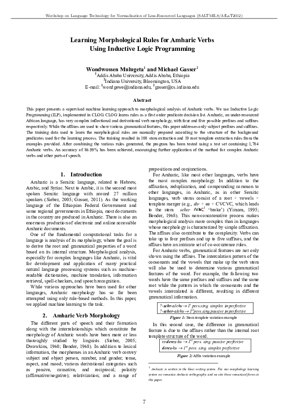 Pdf Learning Morphological Rules For Amharic Verbs Using Inductive Logic Programming 6547