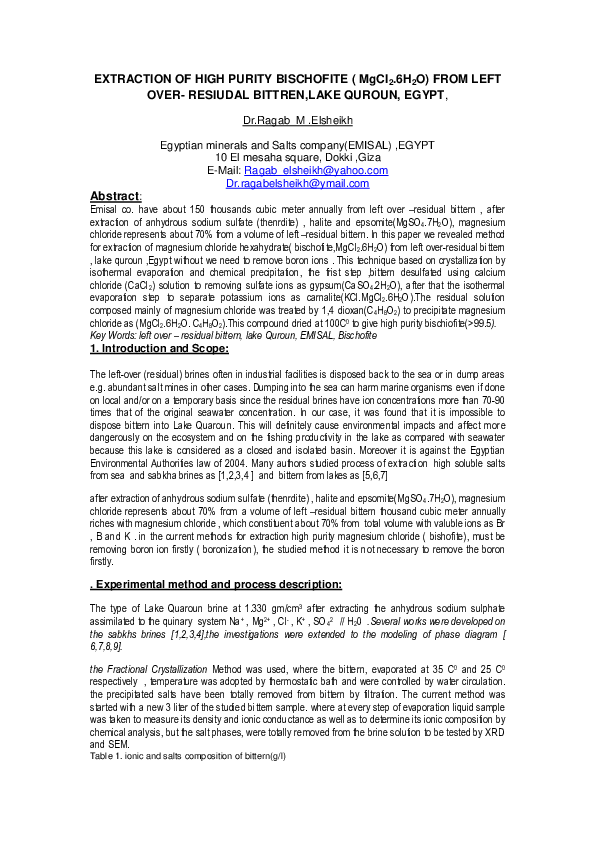 (DOC) EXTRACTION OF HIGH PURITY BISCHOFITE ( MgCl2.6H2O) FROM LEFT OVER ...