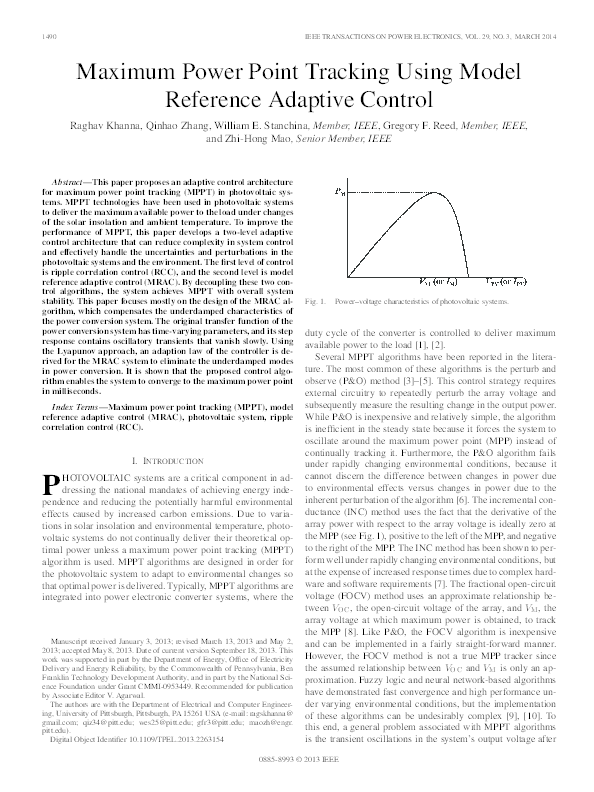 (PDF) mppt pv cells model reference adaptive control