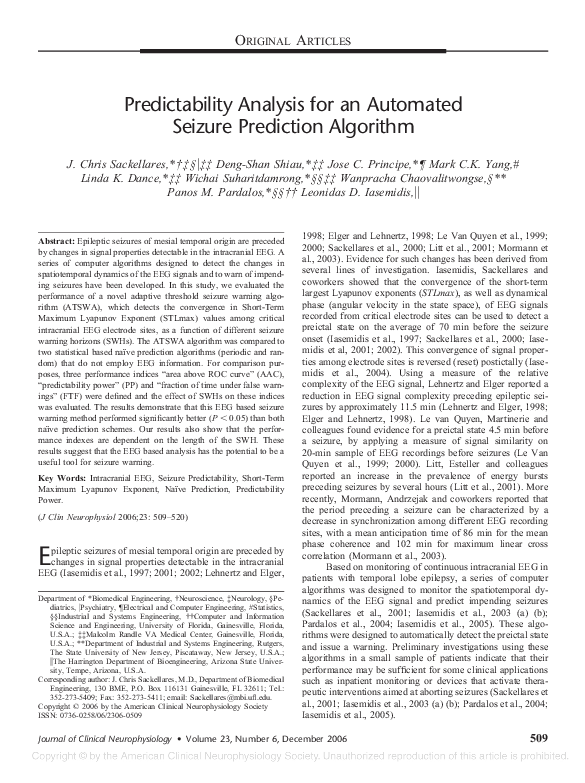 Pdf Predictability Analysis For An Automated Seizure Prediction Algorithm