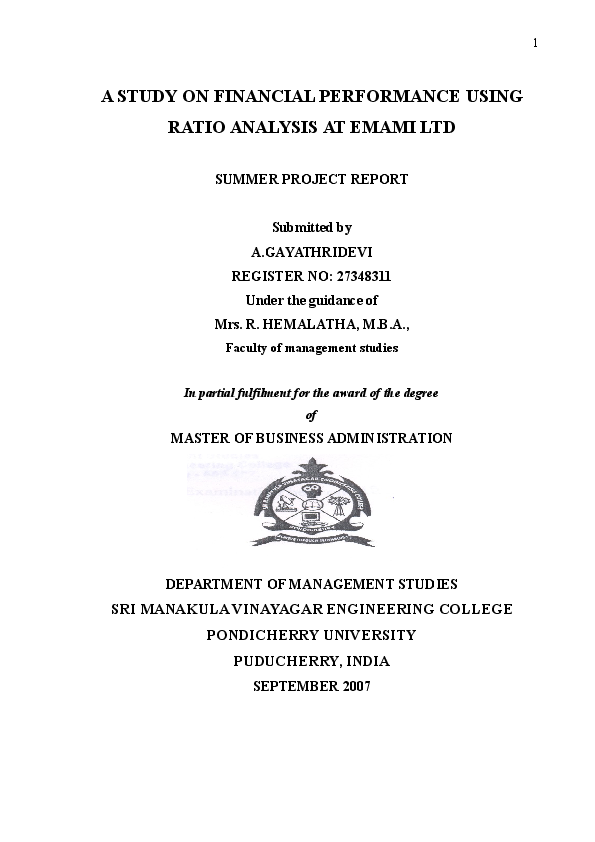 (DOC) A STUDY ON FINANCIAL PERFORMANCE USING RATIO ANALYSIS AT EMAMI ...