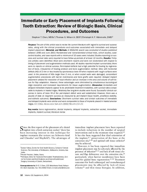 (PDF) Immediate or Early Placement of Implants Following Tooth Extraction: Review of Biologic ...