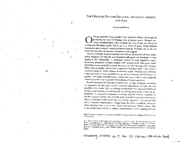 (PDF) The Offense-Defense Balance, Interdependence, and War