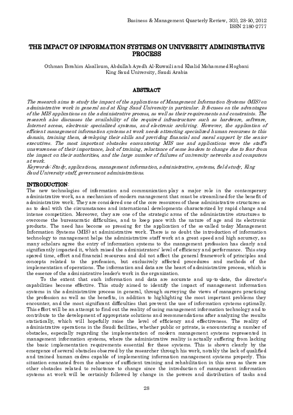(PDF) THE IMPACT OF INFORMATION SYSTEMS ON UNIVERSITY ADMINISTRATIVE ...