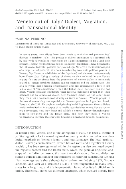 (PDF) ‘Veneto out of Italy? Dialect, Migration, and Transnational Identity’