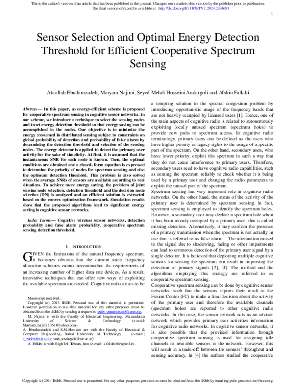 Pdf Sensor Selection And Optimal Energy Detection Threshold For Efficient Cooperative Spectrum