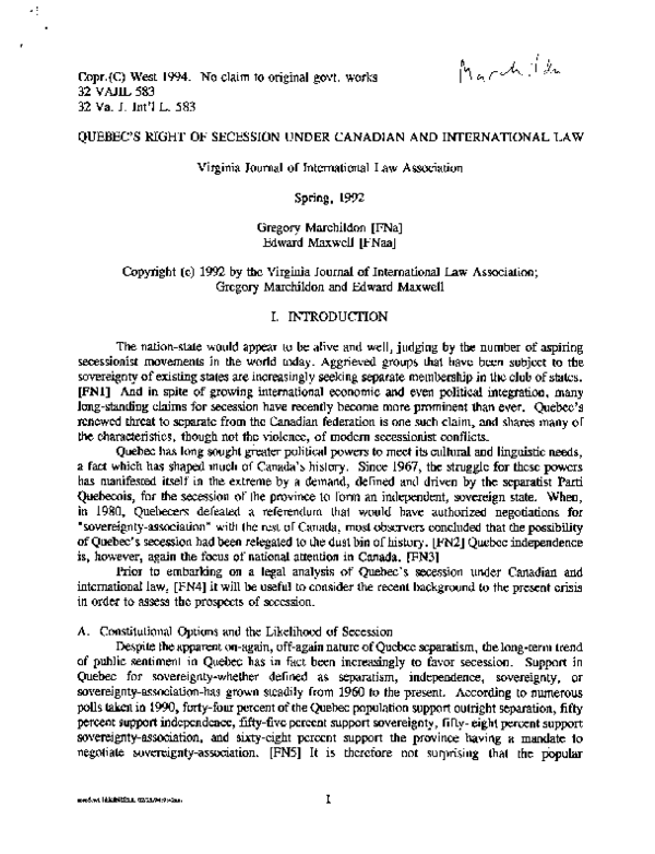 (PDF) Quebec's Right of Secession under Canadian and International Law