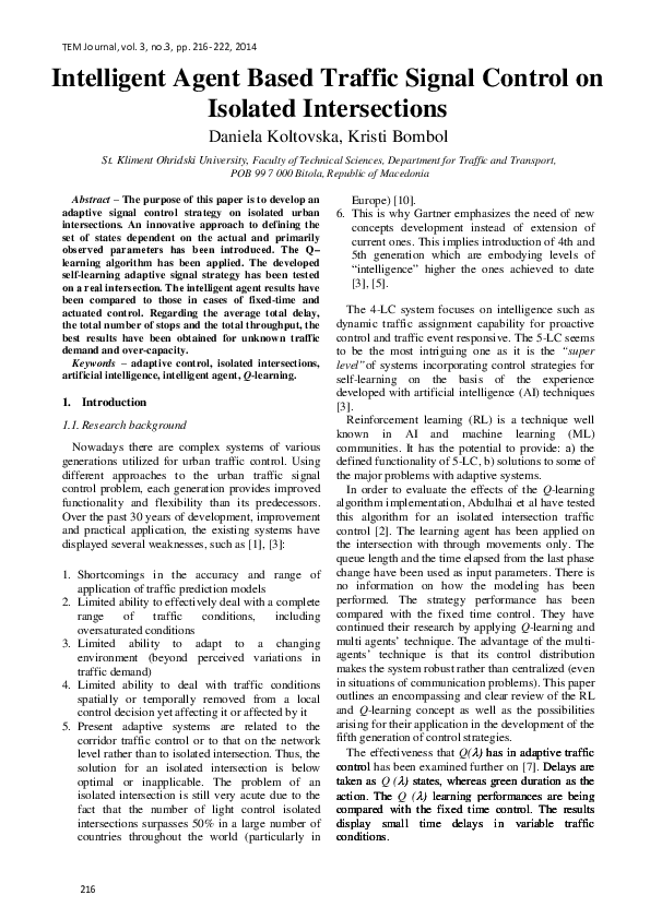 (PDF) Intelligent Agent Based Traffic Signal Control on Isolated Intersections