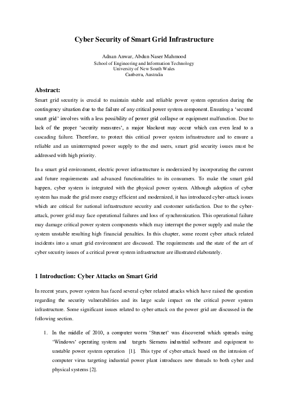 (PDF) Cyber Security of Smart Grid Infrastructure