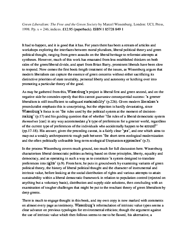 (PDF) Review of Marcel Wissenburg's "Green Liberalism: The Free and the ...
