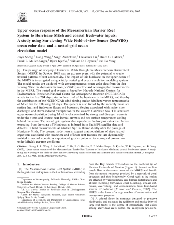 Pdf Upper Ocean Response Of The Mesoamerican Barrier Reef System To Hurricane Mitch And