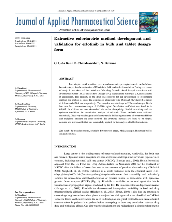 (PDF) Extractive colorimetric method development and validation for erlotinib in bulk and tablet ...
