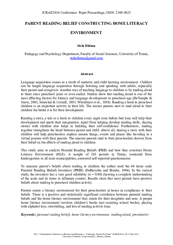 (DOC) Parent Reading Belief Constructing Home Literacy Environment