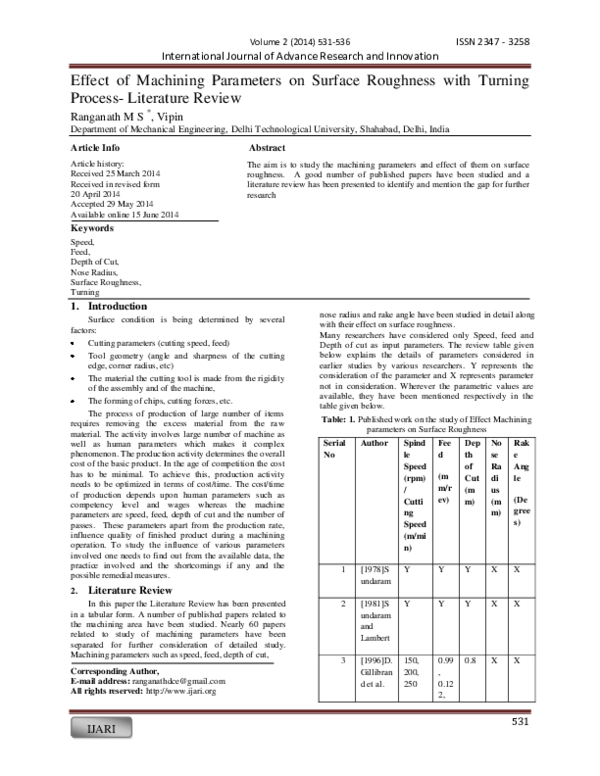 Pdf Effect Of Machining Parameters On Surface Roughness With Turning