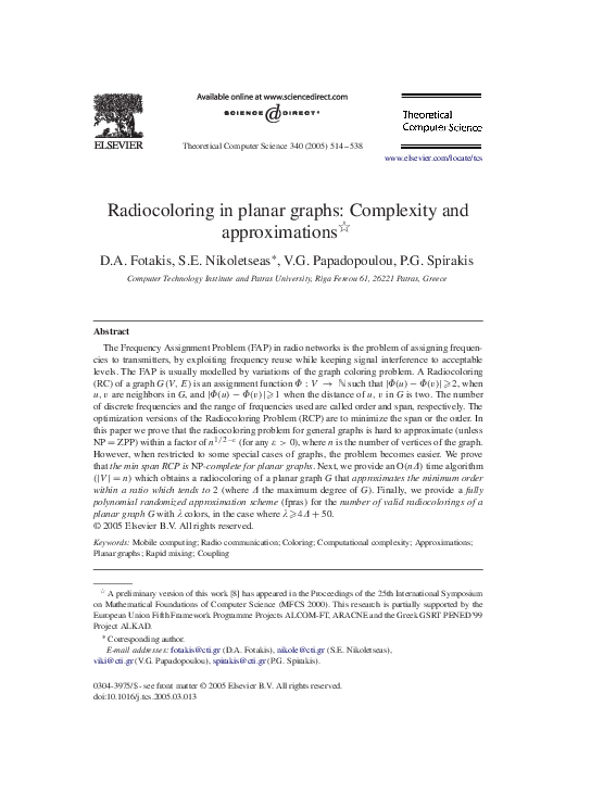 (PDF) Radiocoloring in planar graphs: Complexity and approximations