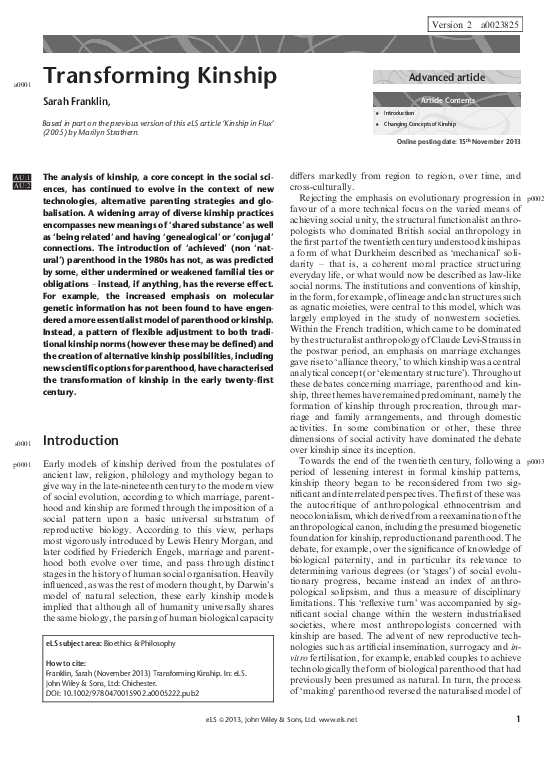 (PDF) Transforming Kinship The analysis of kinship , a core concept