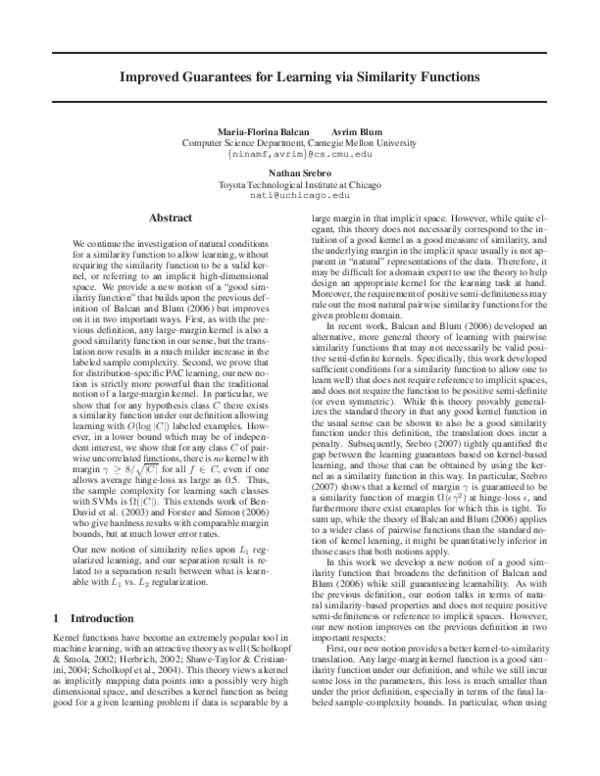 (PDF) Improved Guarantees for Learning via Similarity Functions