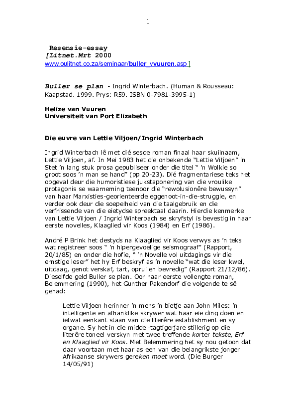 (DOC) Resensie-essay: Buller se plan (1999) van Ingrid Winterbach
