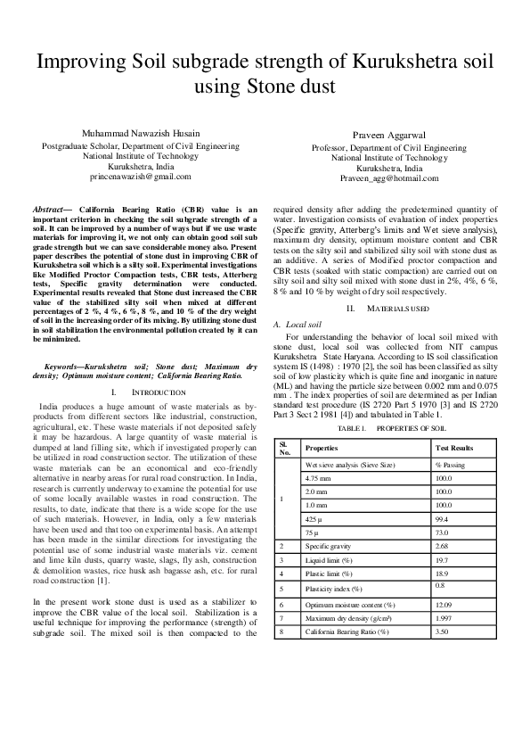 (PDF) Improving Soil subgrade strength of Kurukshetra soil using Stone dust