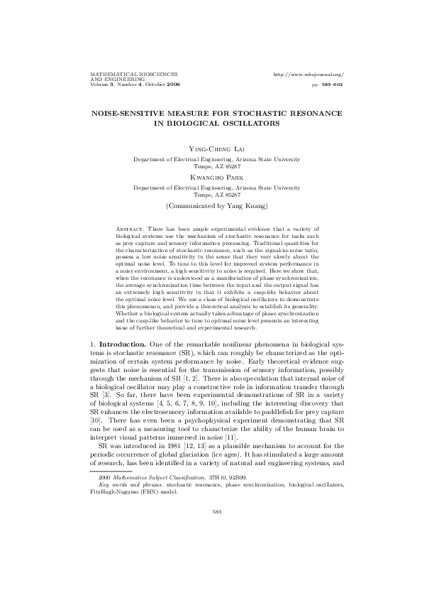 Pdf Noise Sensitive Measure For Stochastic Resonance In Biological