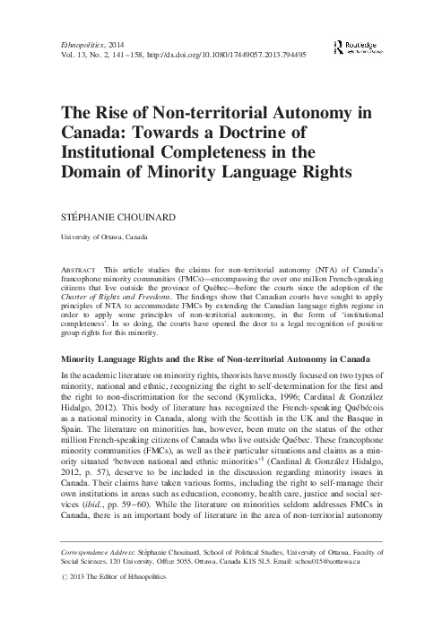 (PDF) The Rise of Non-Territorial Autonomy in Canada (Ethnopolitics)
