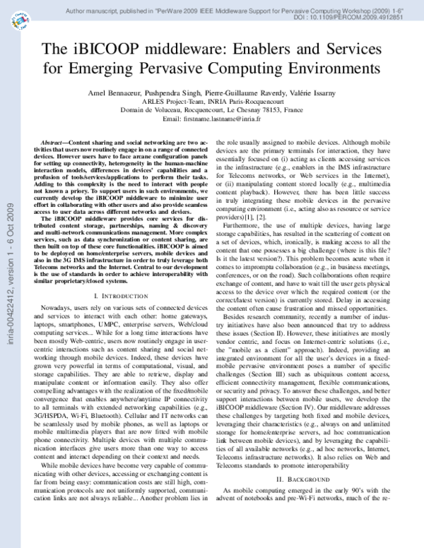 (PDF) The iBICOOP middleware: Enablers and services for emerging pervasive computing environments