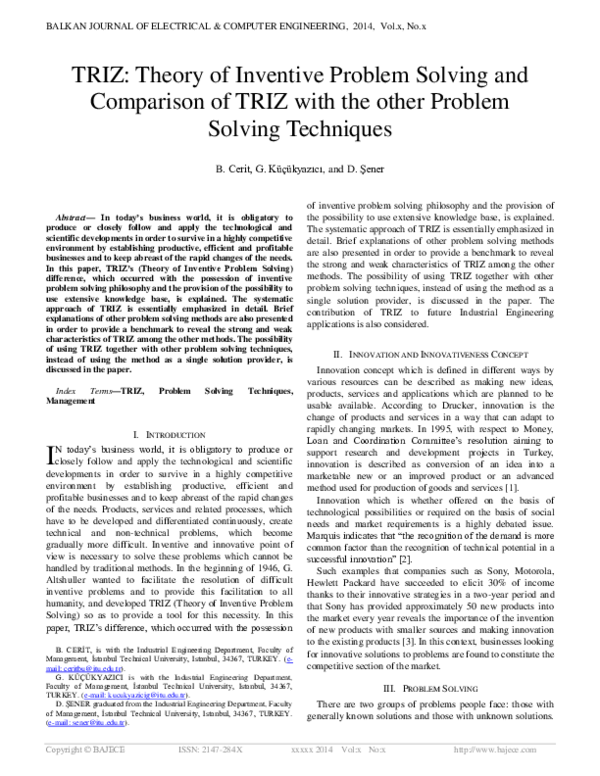 TRIZ: Theory of Inventive Problem Solving and Comparison of TRIZ with ...