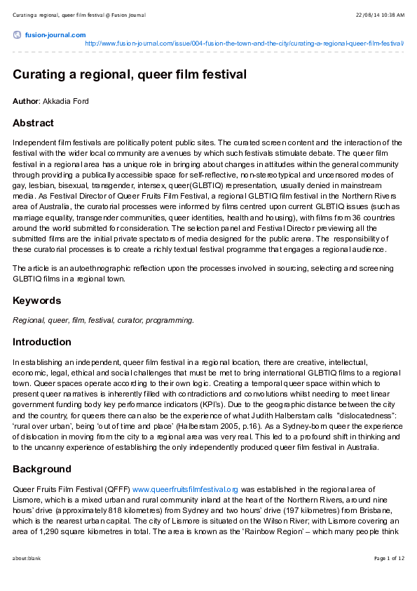 (PDF) Ford, Akkadia (2013). "Curating a regional, queer film festival."