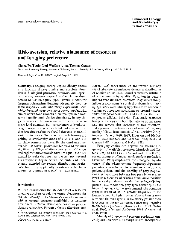 (PDF) Risk-aversion in Foraging Preferences
