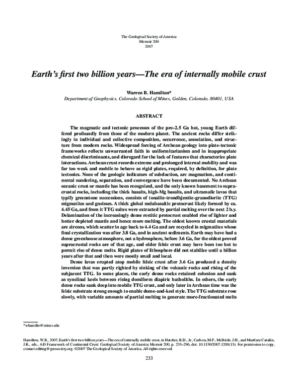(PDF) Earth's First Two Billion Years -- The Era of Internally Mobile Crust