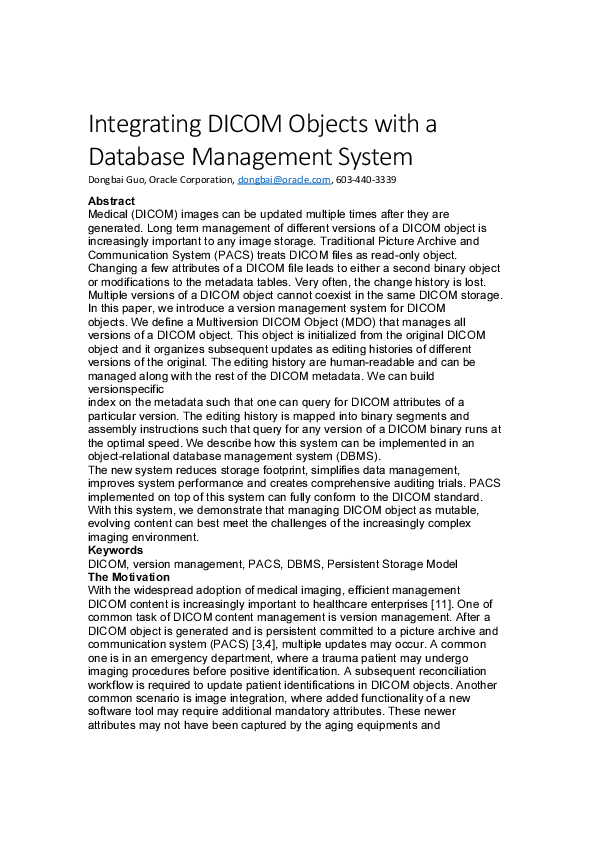Pdf Integrating Dicom Objects With A Database Management System
