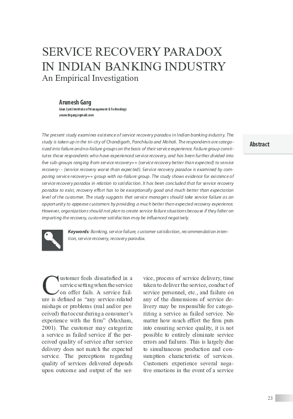 (PDF) Service Recovery Paradox in Indian Banking Industry