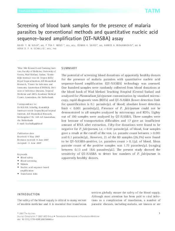 (PDF) Screening of blood bank samples for the presence of malaria