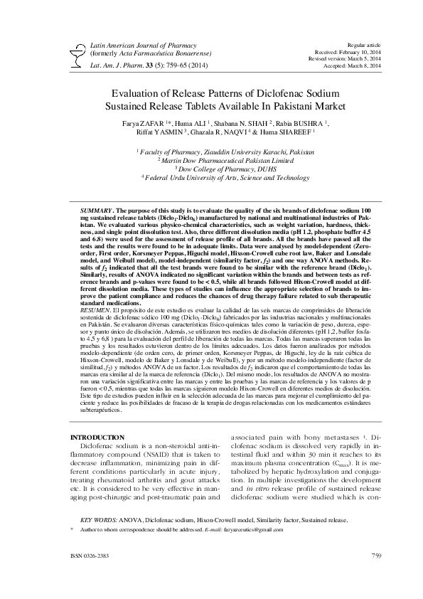 Pdf Evaluation Of Release Patterns Of Diclofenac Sodium Sustained Release Tablets Available In