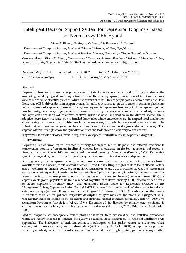 (PDF) Intelligent Decision Support System for Depression Diagnosis Based on Neuro-fuzzy-CBR Hybrid