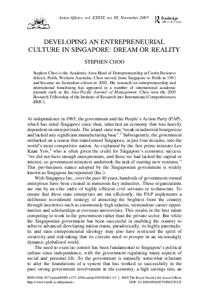 (PDF) Developing an Entrepreneurial Culture in Singapore: Dream or Reality