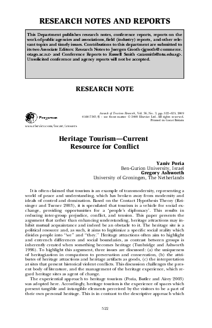 (PDF) RESEARCH NOTE Heritage Tourism—Current Resource for Conflict