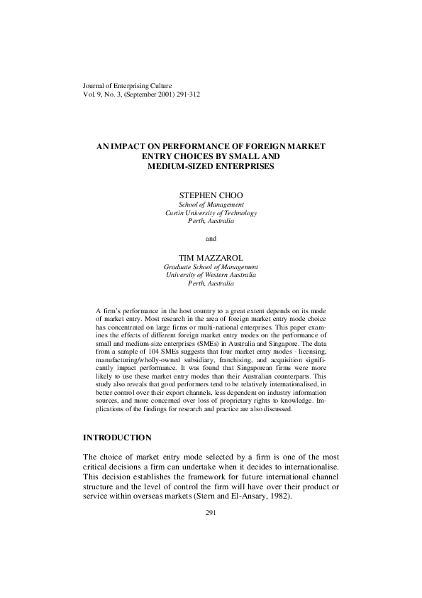 (PDF) AN IMPACT ON PERFORMANCE OF FOREIGN MARKET ENTRY CHOICES BY SMALL ...