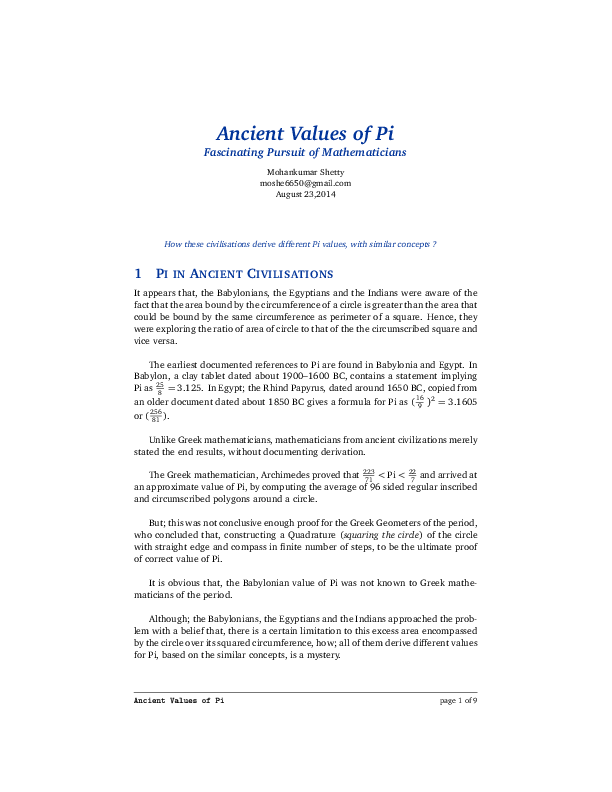 (PDF) Ancient Values of Pi